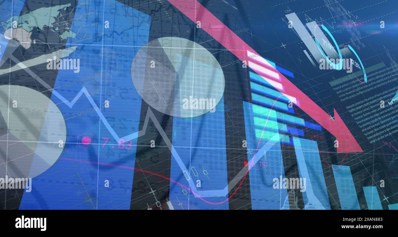 Image of statistical data processing against blue background Stock ...