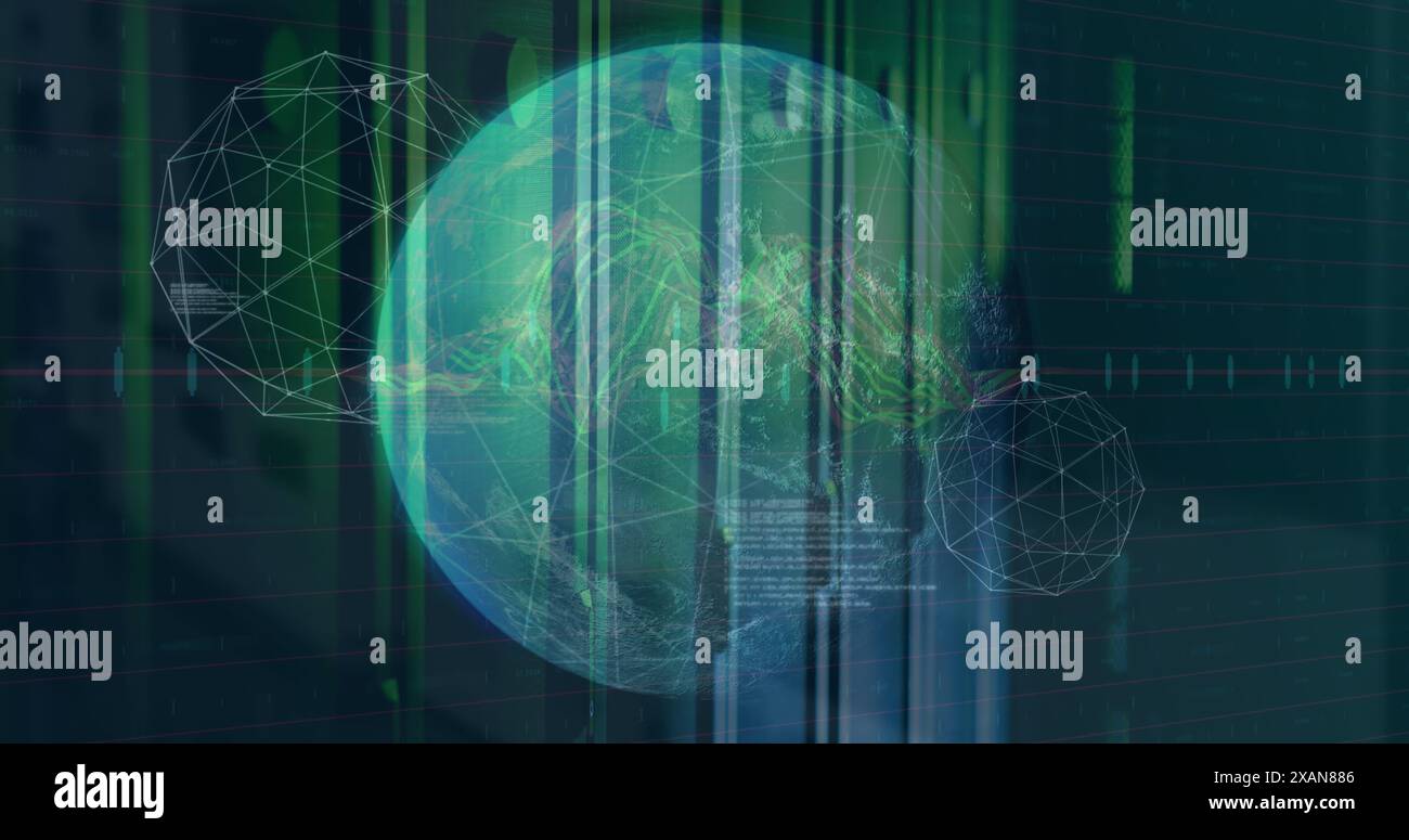 Image of connected dots forming globes, computer language, graphs over ...