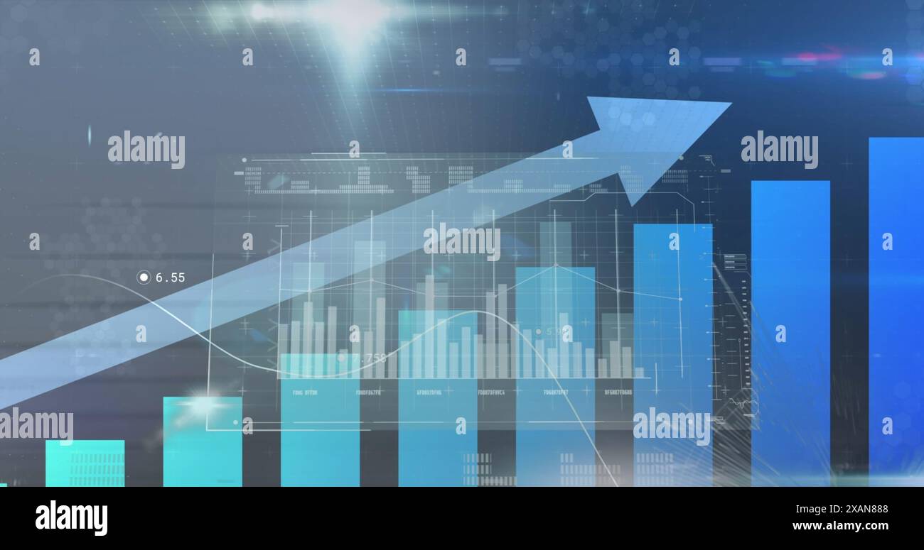 Image of statistical data processing and light spots against blue ...