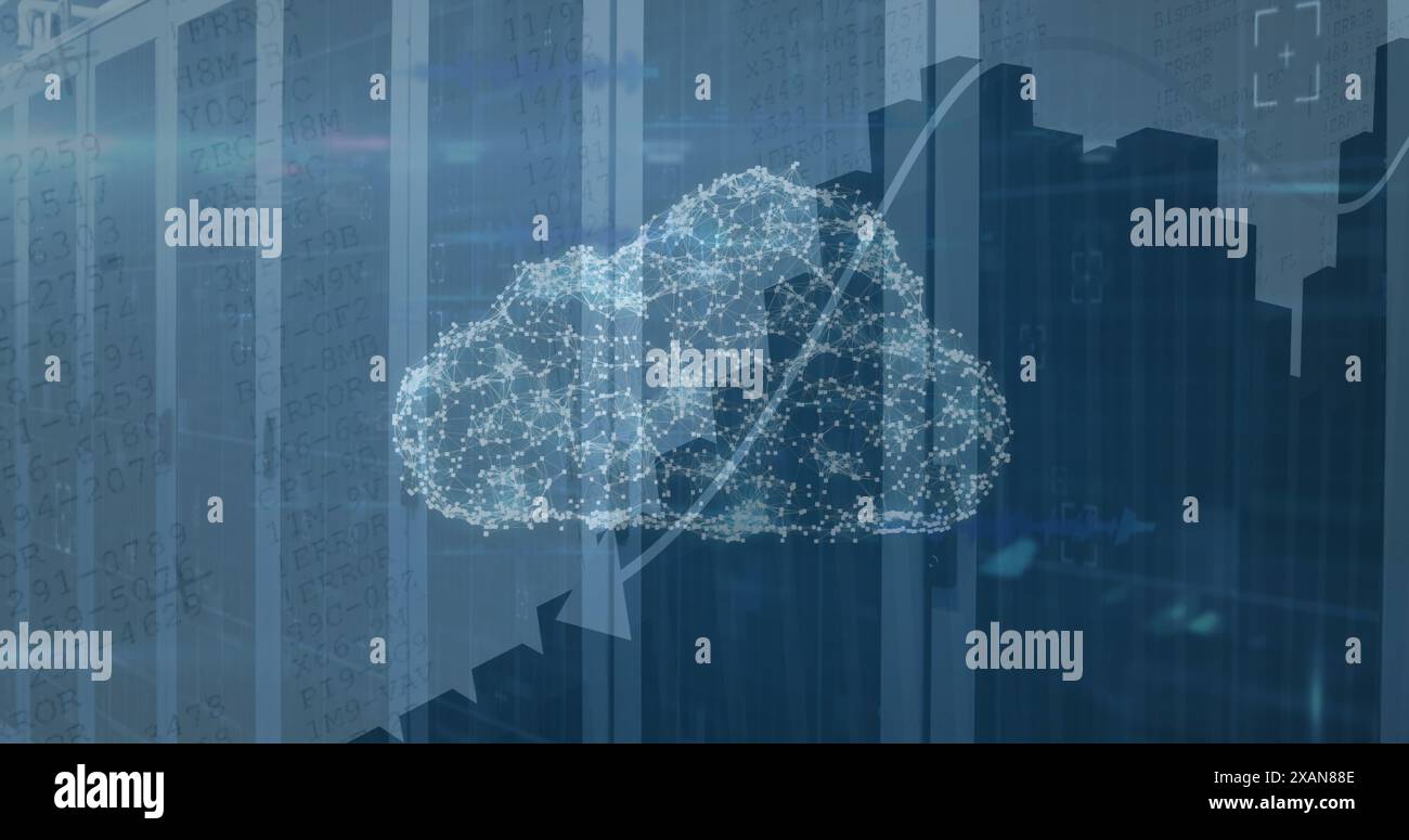 Image Of Cyber Security Concept Icons And Statistical Data Processing Against Server Room Stock