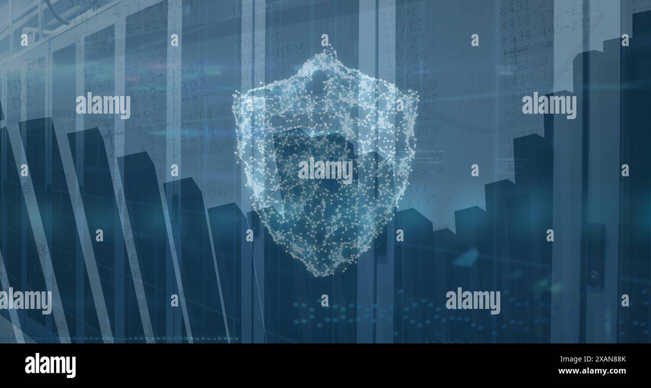 Image Of Cyber Security Concept Icons And Statistical Data Processing Against Server Room Stock