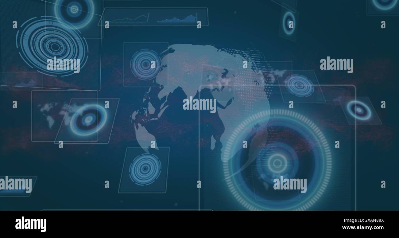 Image of round scanners and data processing over spinning globe against blue background Stock ...