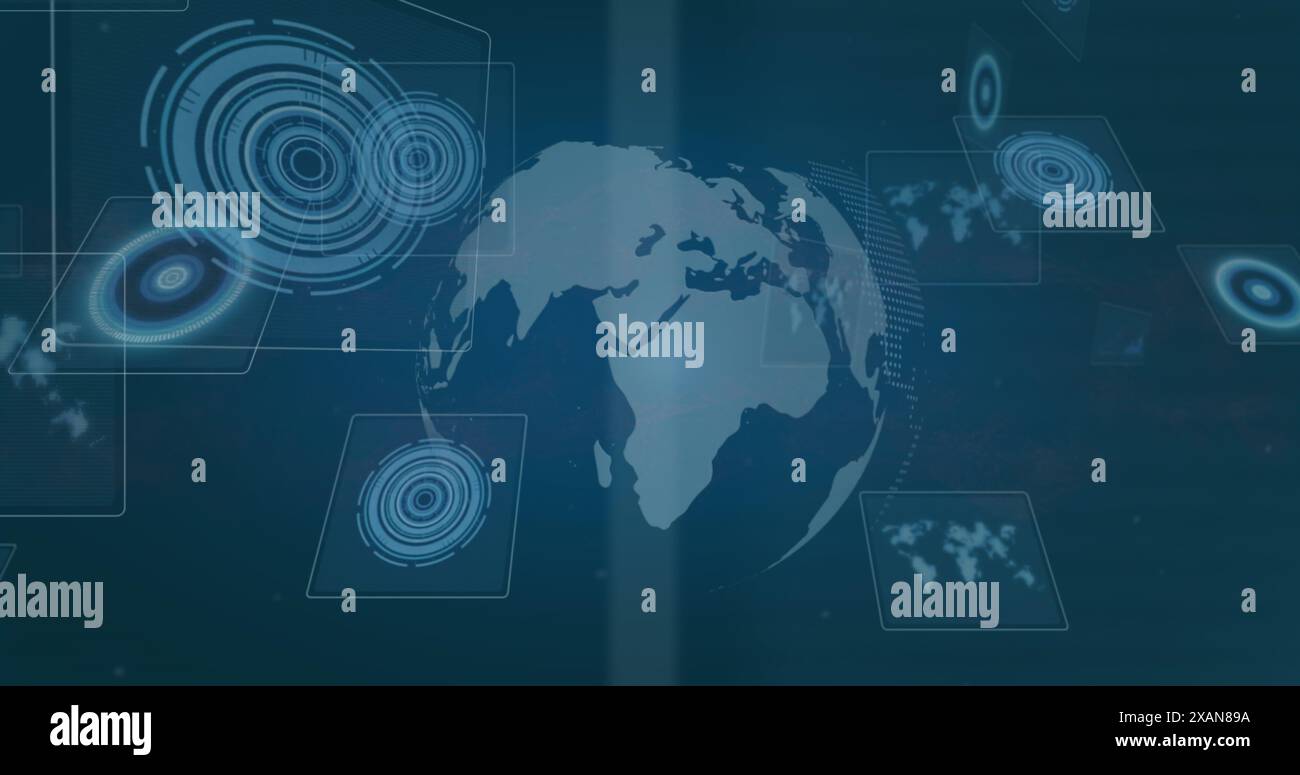 Image of round scanners and data processing over spinning globe against blue background Stock ...