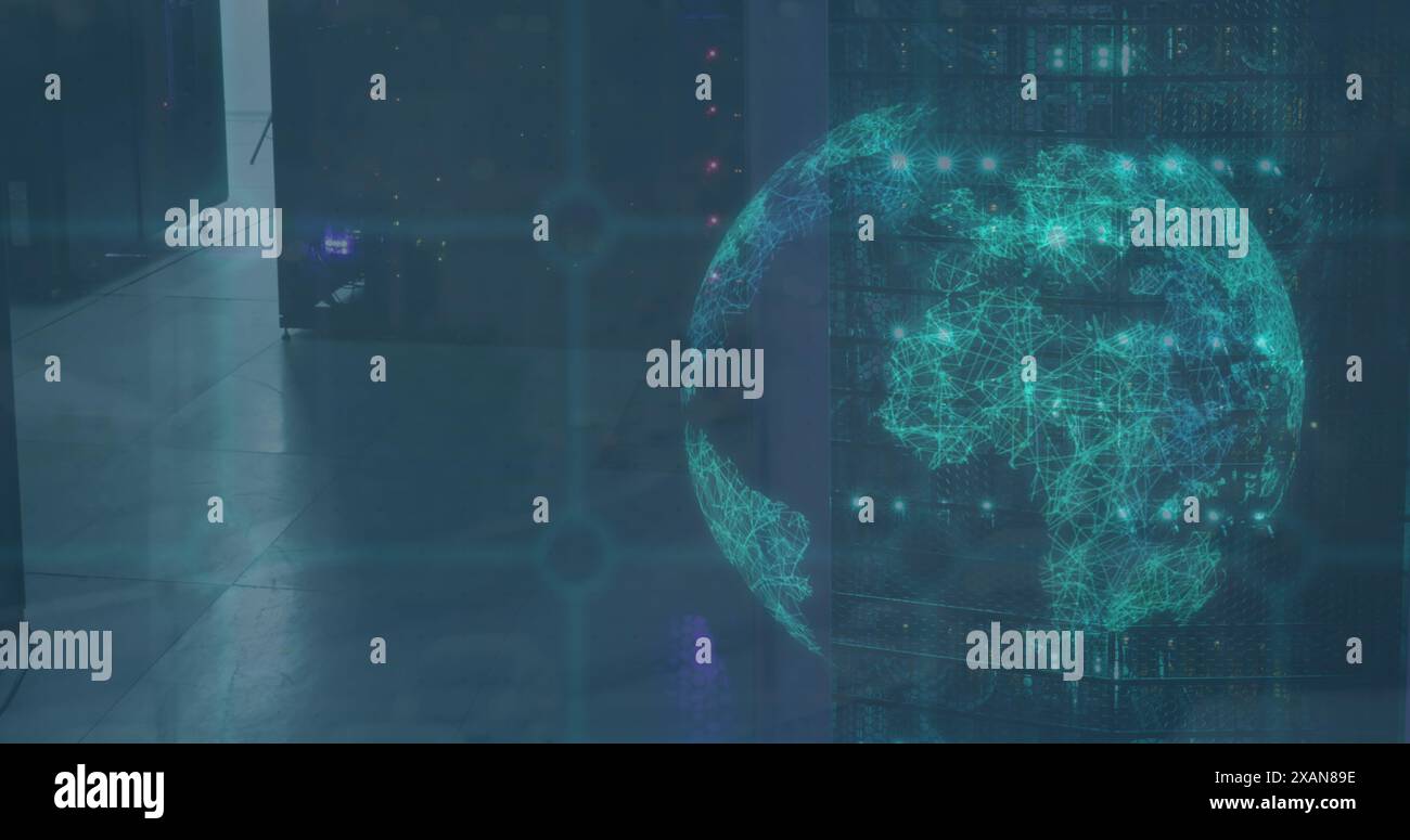 Image of globe rotating, multiple graphs and numbers, grid over data server racks Stock Photo ...