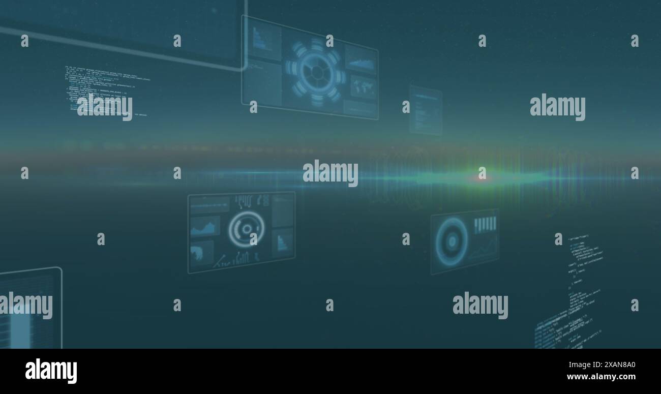 Image of round scanners and data processing over light spot against blue background Stock Photo ...