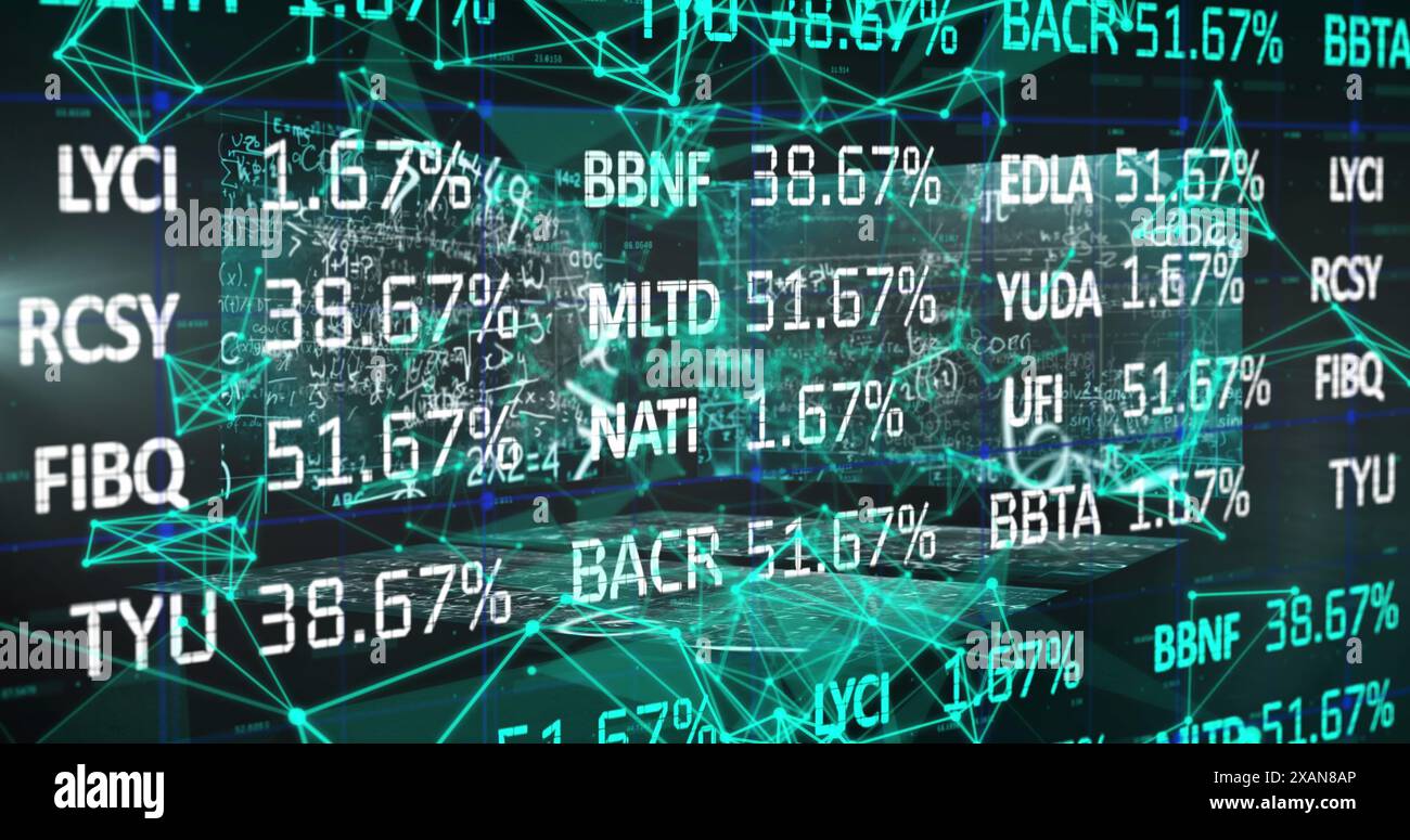 Image of stock market data processing and plexus network against screens with data processing ...