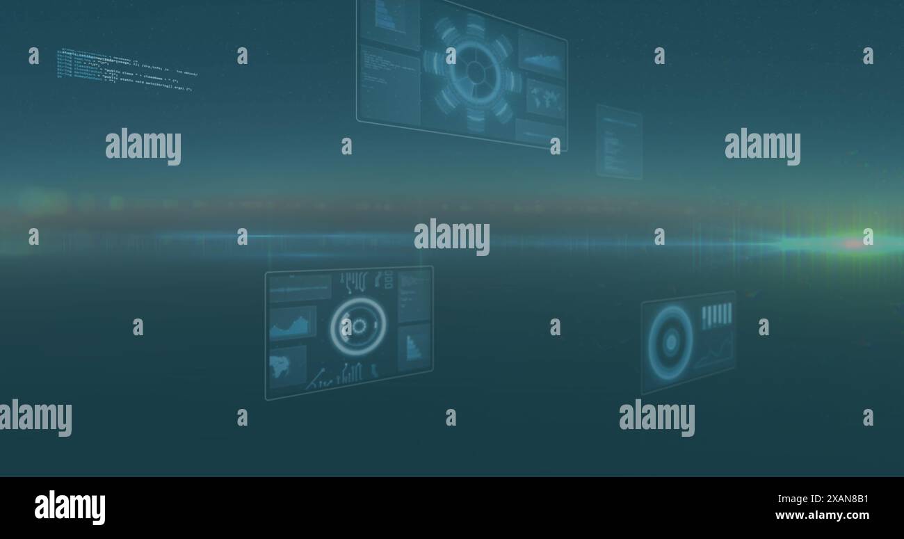 Image of round scanners and data processing over light spot against blue background Stock Photo ...