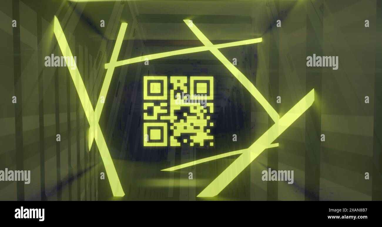 Image of qr code, neon lines, data processing over servers Stock Photo - Alamy