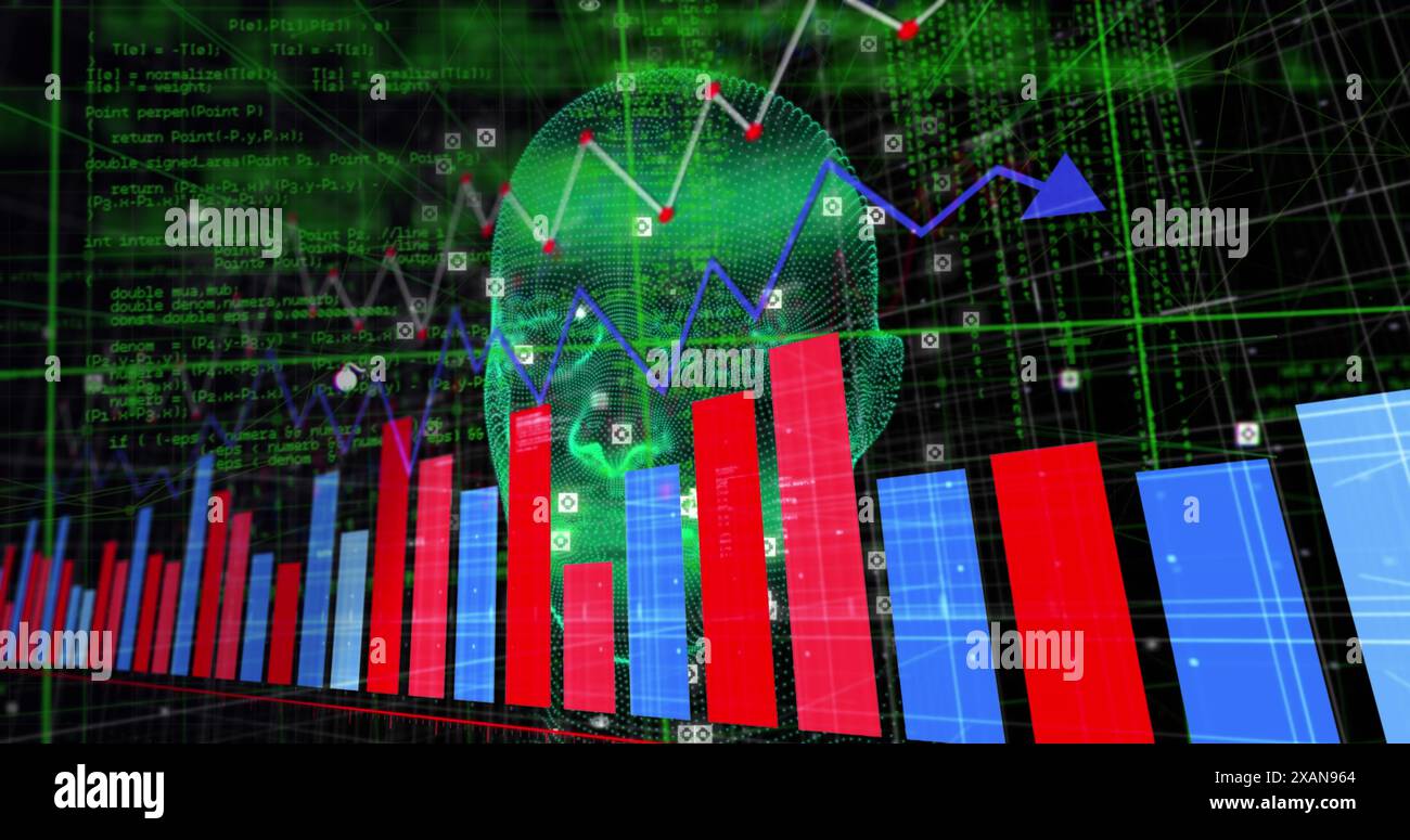 Image of data processing and bar graphs over spinning head model ...