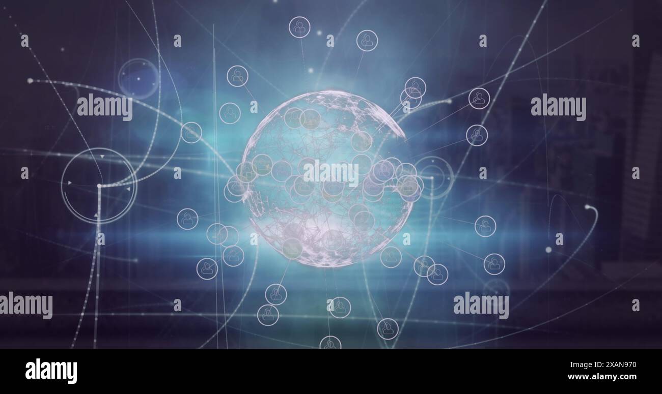 Image of digital icons over spinning globe and light spot against blue background Stock Photo ...