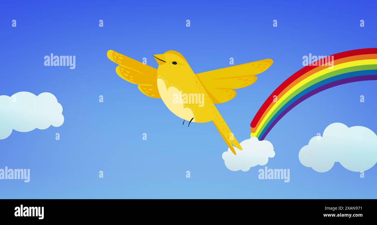 Image of bird flying over rainbow on blue background Stock Photo - Alamy