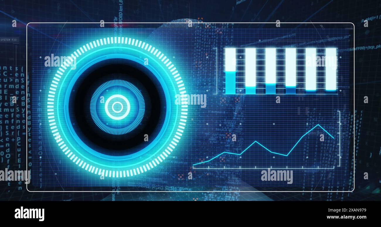 Image of screen with illuminated circle and graphs over programming language Stock Photo - Alamy