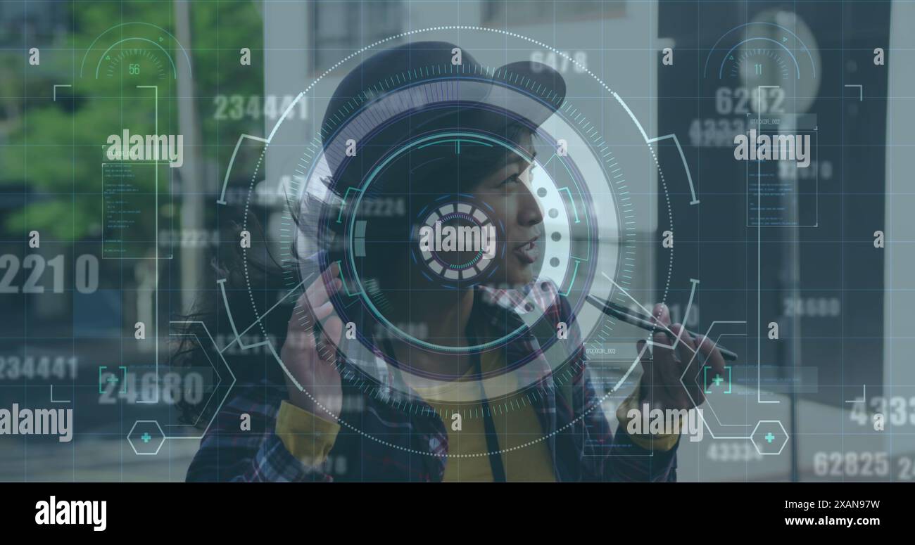 Image of round scanner and changing numbers over asian woman talking on ...