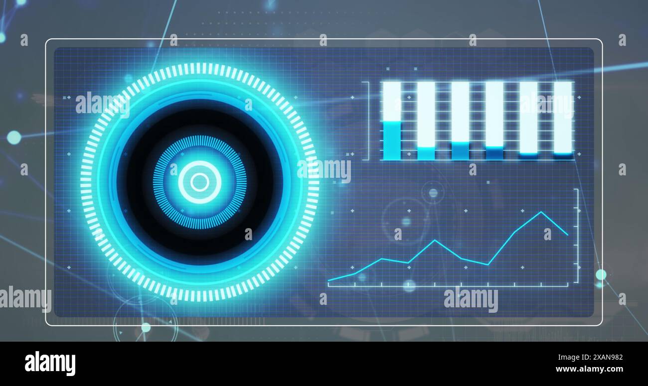 Image of interface with round scanner and data processing against network of connections Stock ...
