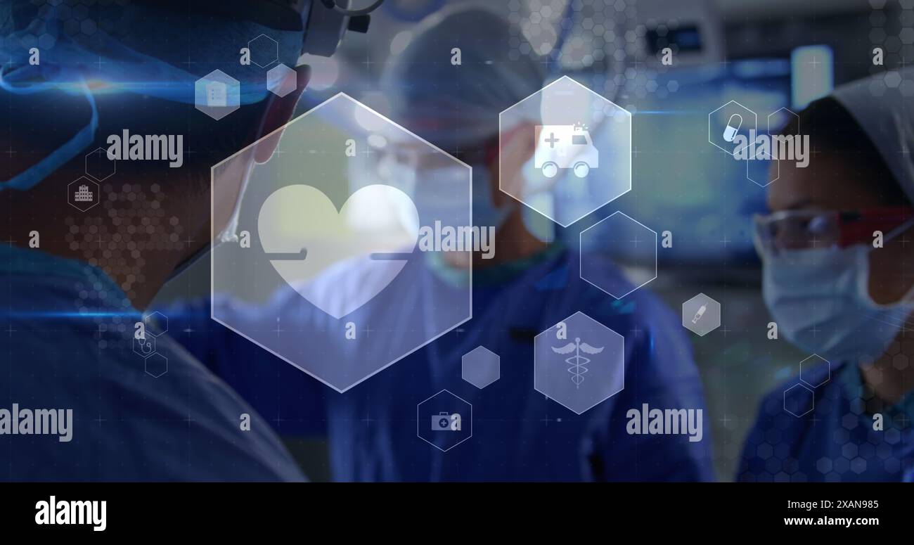 Image of icon in hexagons, diverse surgeons discussing and performing ...