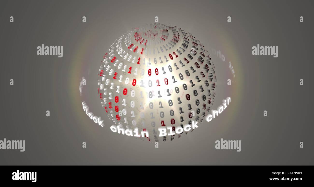 Image of block chain texts around binary codes forming globe, lens flare on abstract background ...