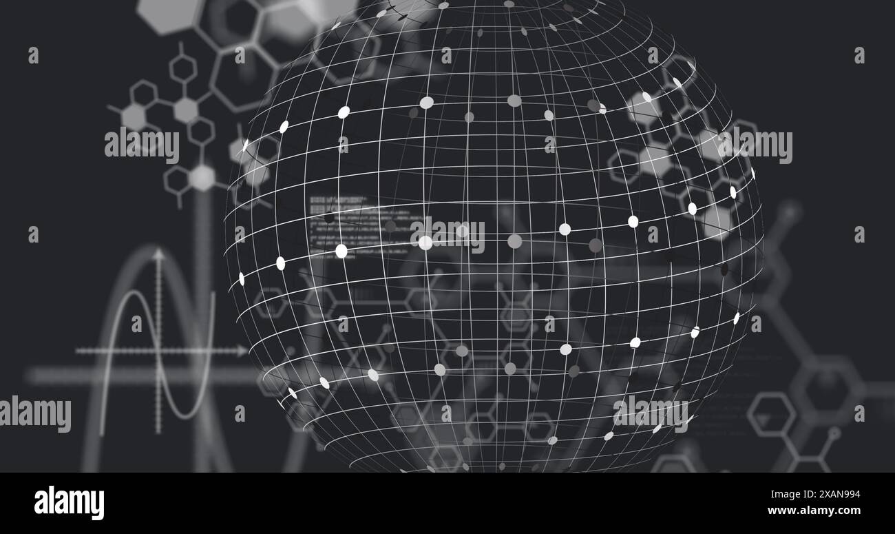 Image of grid patterned globe over computer language, molecule structures on abstract background ...