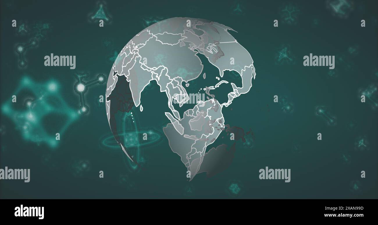 Image of multiple molecules floating over rotating globe against abstract background Stock Photo ...