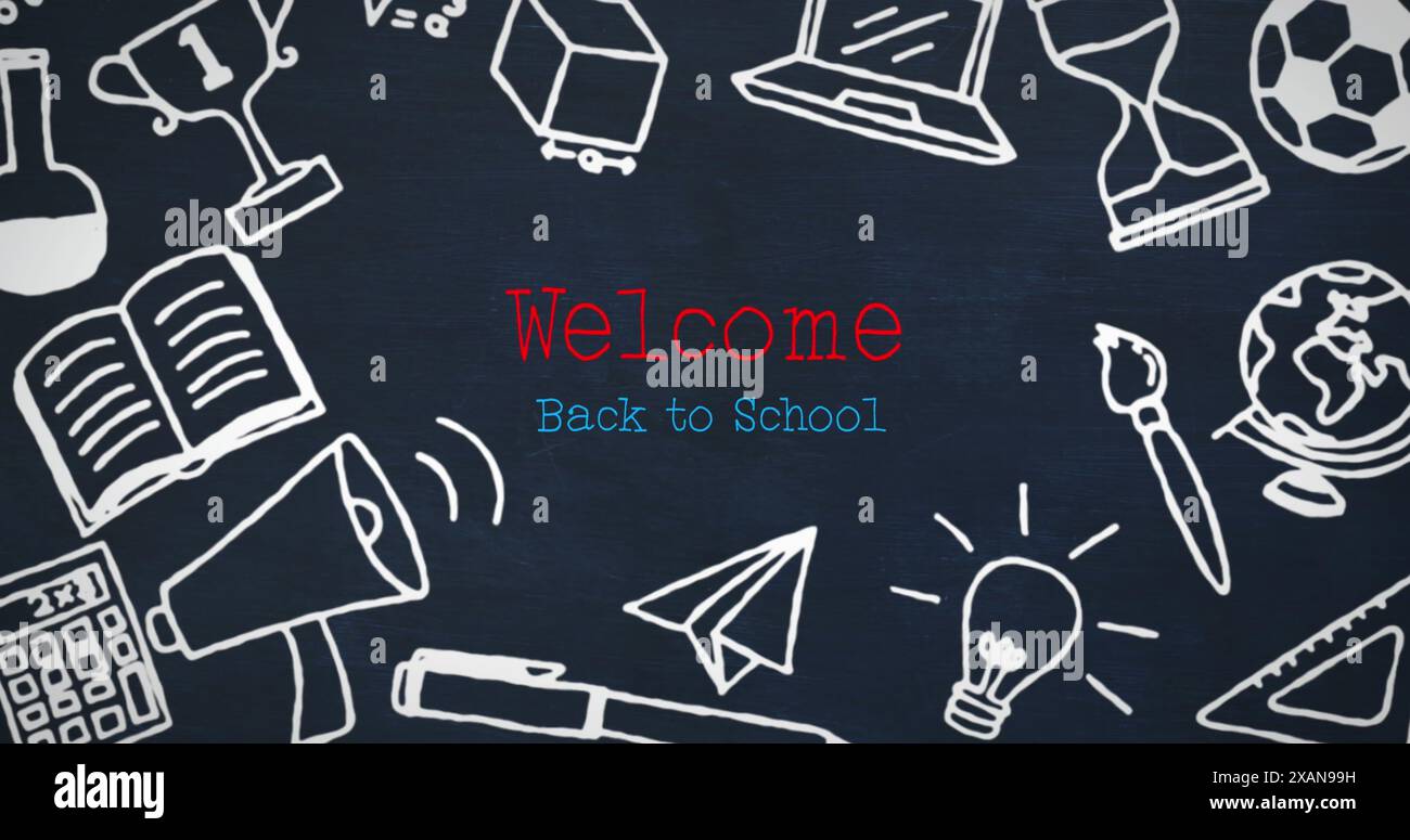 Image of welcome back to school text over school items icons. Global ...