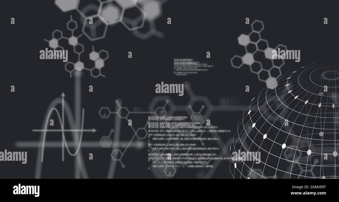 Image Of Grid Patterned Globe Over Computer Language Molecule