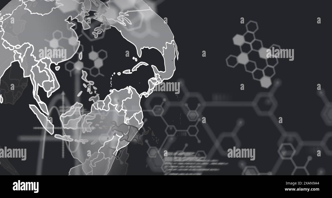 Image of computer language and molecule structures over rotating globe on black background ...