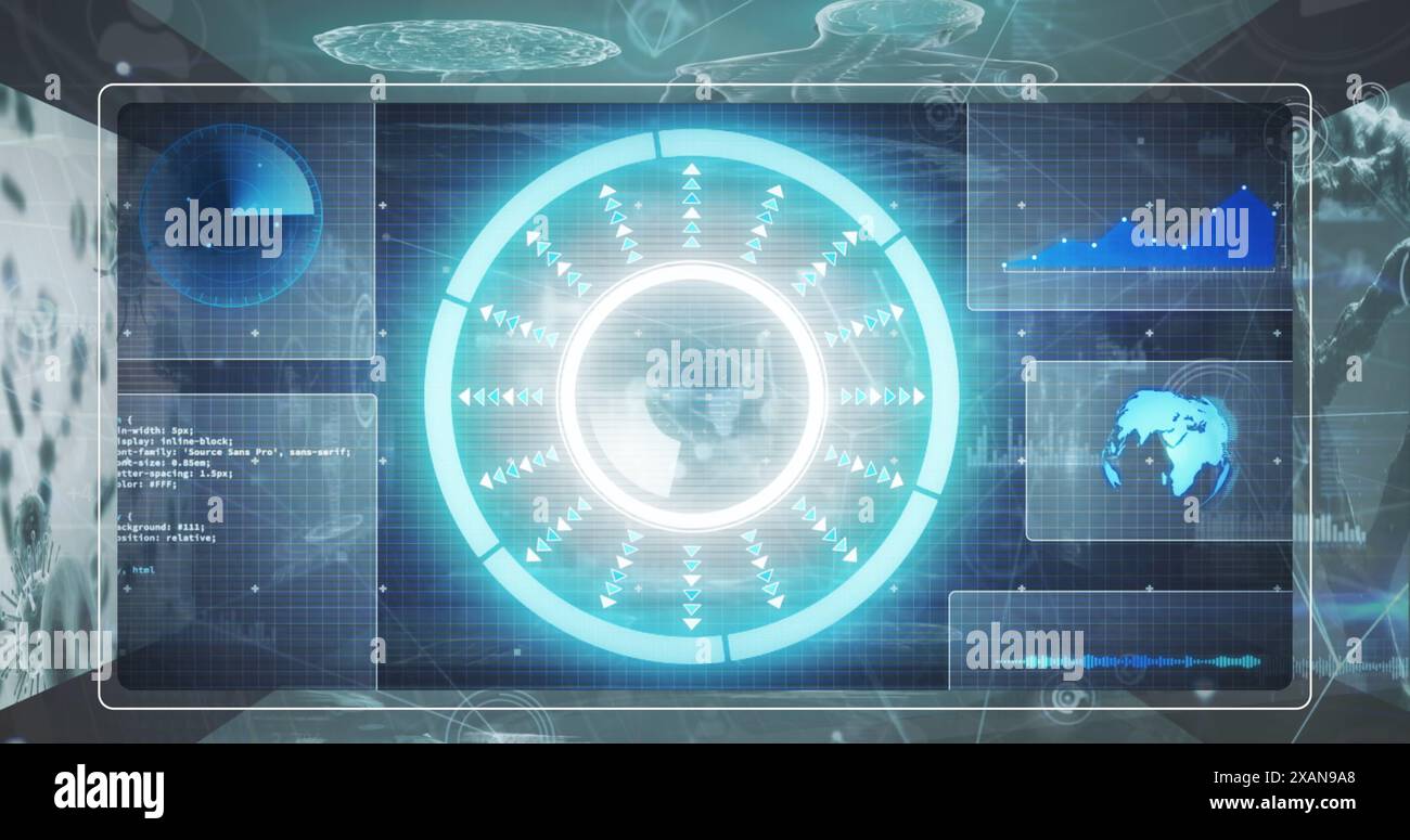 Image of interface with round scanner and data processing against network of connections Stock ...
