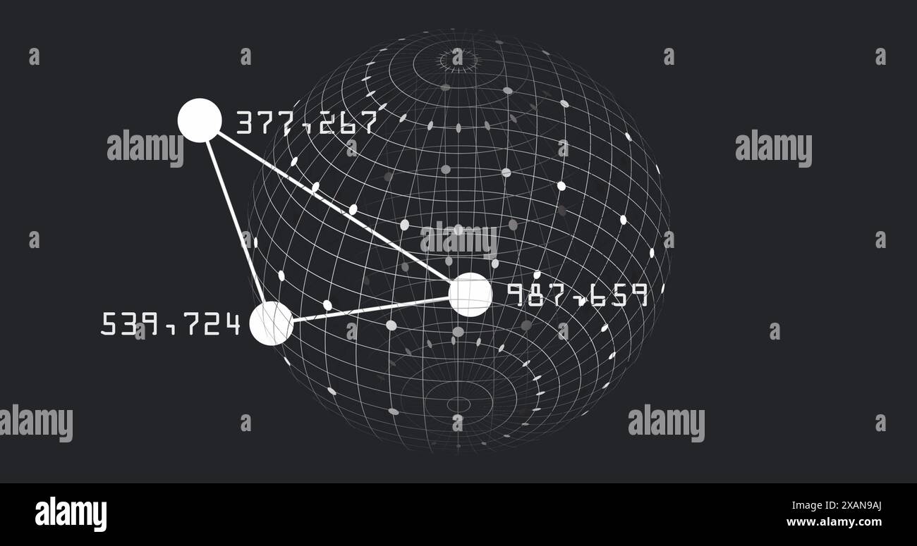 Image of numbers around connected dots forming triangle over globe on ...