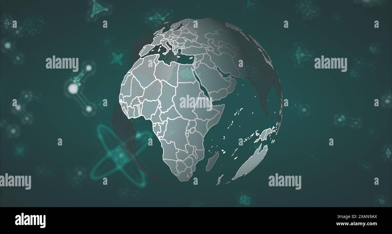 Image of multiple molecules floating over rotating globe against ...