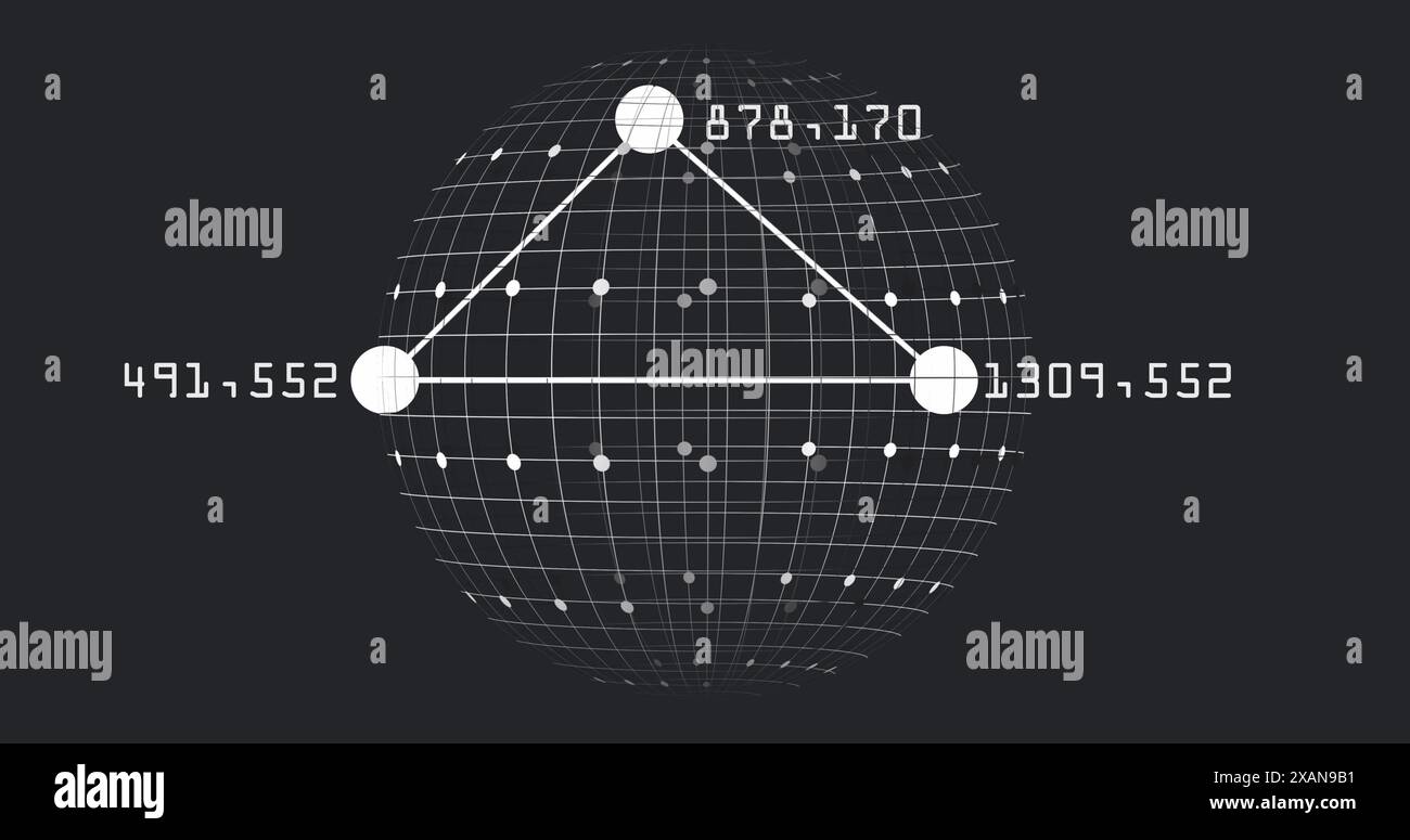 Image of numbers around connected dots forming triangle over globe on ...