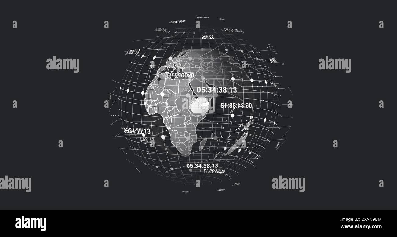Image of connected dots, numbers and grid pattern around globe over abstract background Stock ...