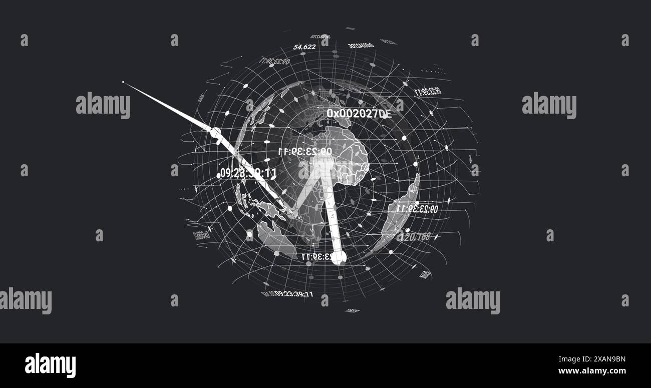 Image of connected dots, numbers and grid pattern around globe over abstract background Stock ...