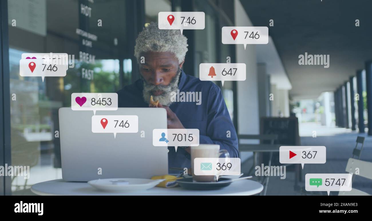 Image of social media icons and numbers over african american ...