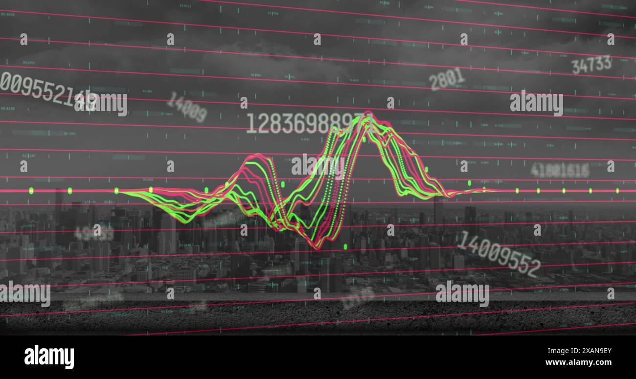 Image of changing numbers floating over data processing against aerial ...