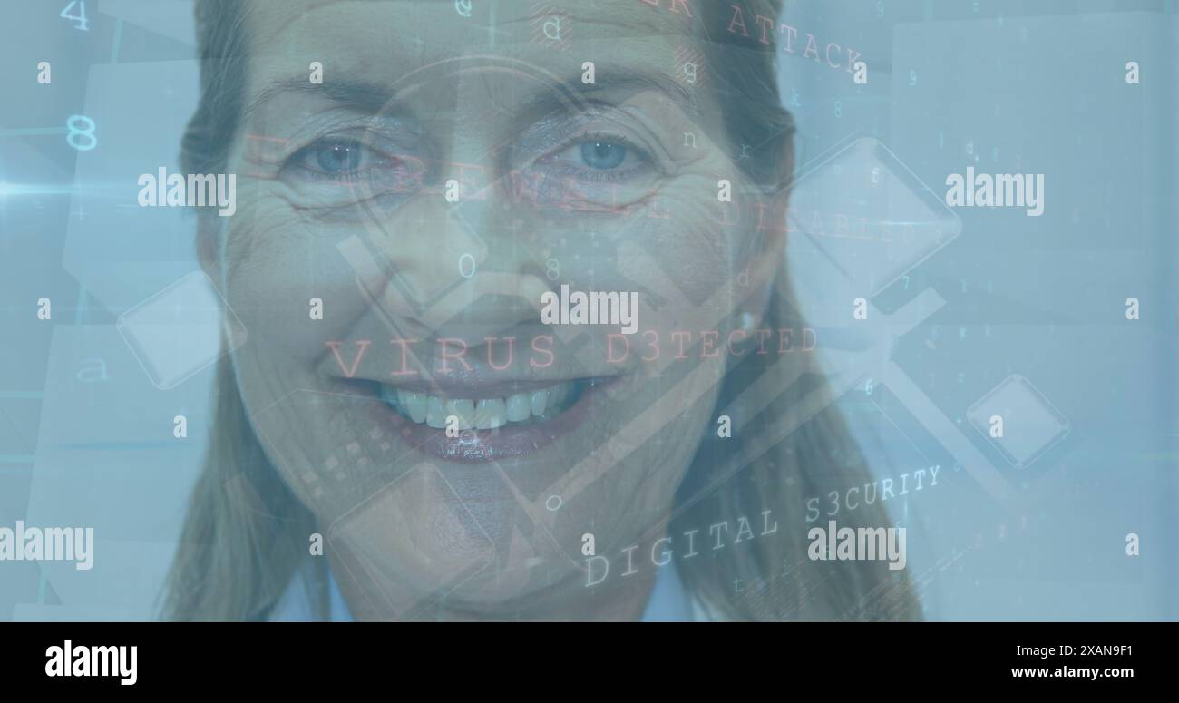 Image of data processing over smiling caucasian female doctor Stock ...
