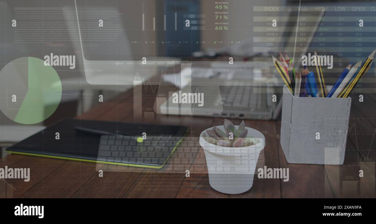 Image of statistical data processing against equipment on office desk Stock Photo - Alamy