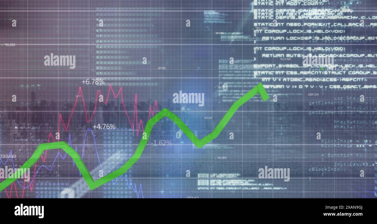 Image of statistical data processing over grid network against aerial view of cityscape Stock ...
