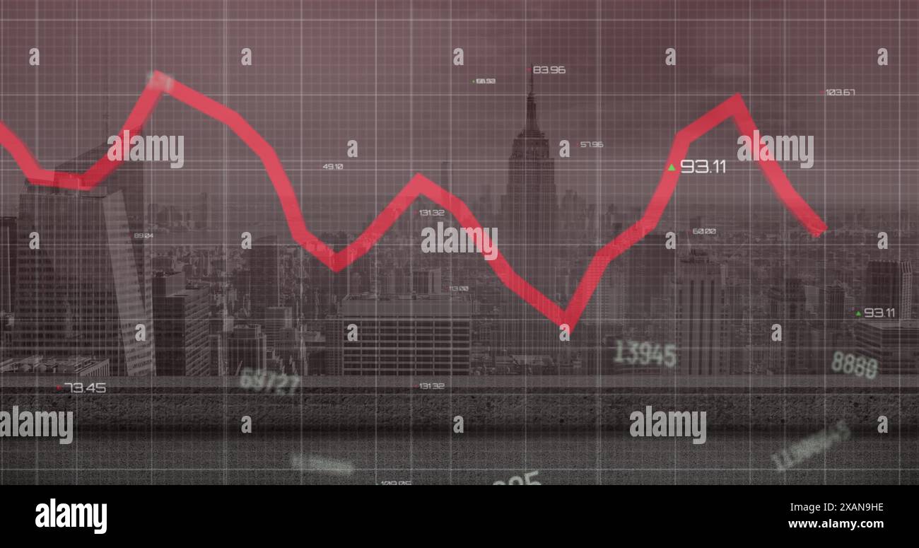 Image of changing numbers floating over data processing against aerial ...
