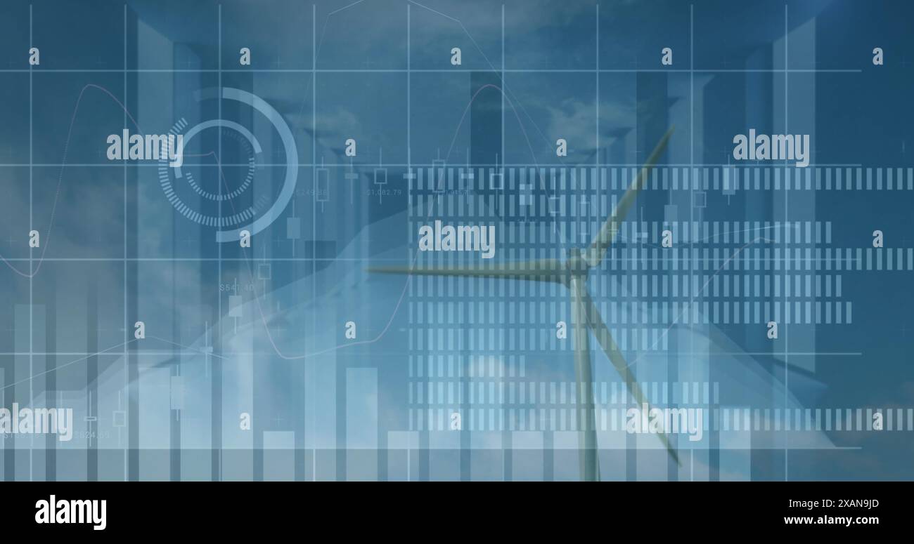 Image of financial data and graphs over landscape with wind turbines ...