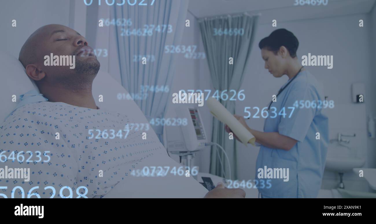 Image of numbers processing over caucasian female doctor making notes ...