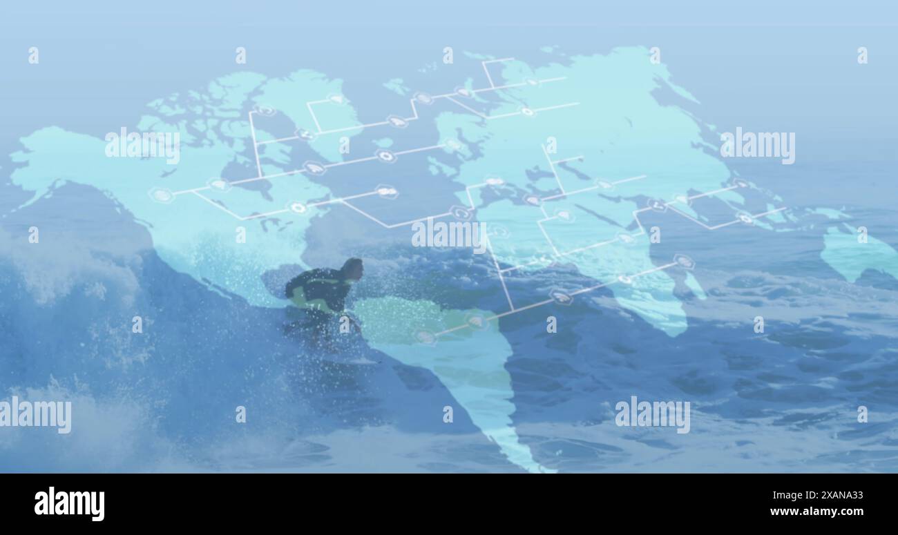 Image of world map and connections over caucasian male surfer surfing ...