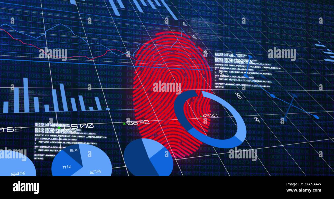 Image of fingerprint scanning, graphs and data on navy background Stock ...