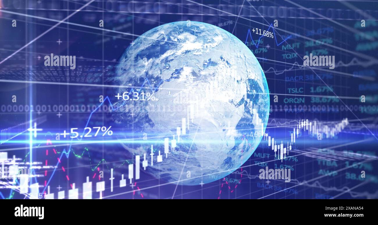 Image of financial graph and globe on navy background Stock Photo - Alamy