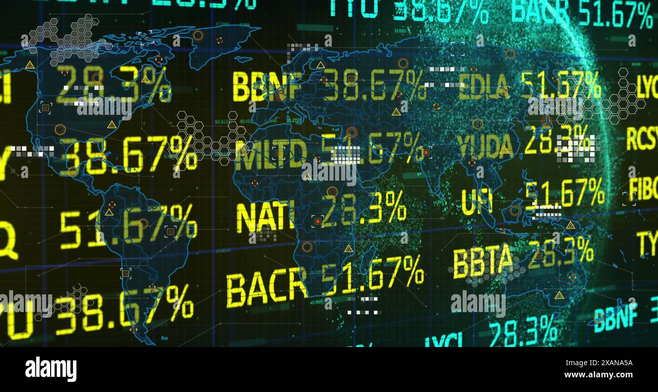 Image of stock market over world map and globe on black background ...