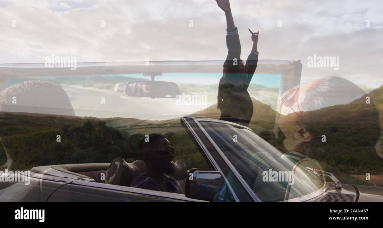 Image of happy caucasian couple in car over another couple and ...
