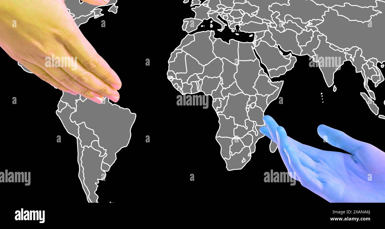 Image of human and blue hand moving to shake hands over world map Stock Photo - Alamy