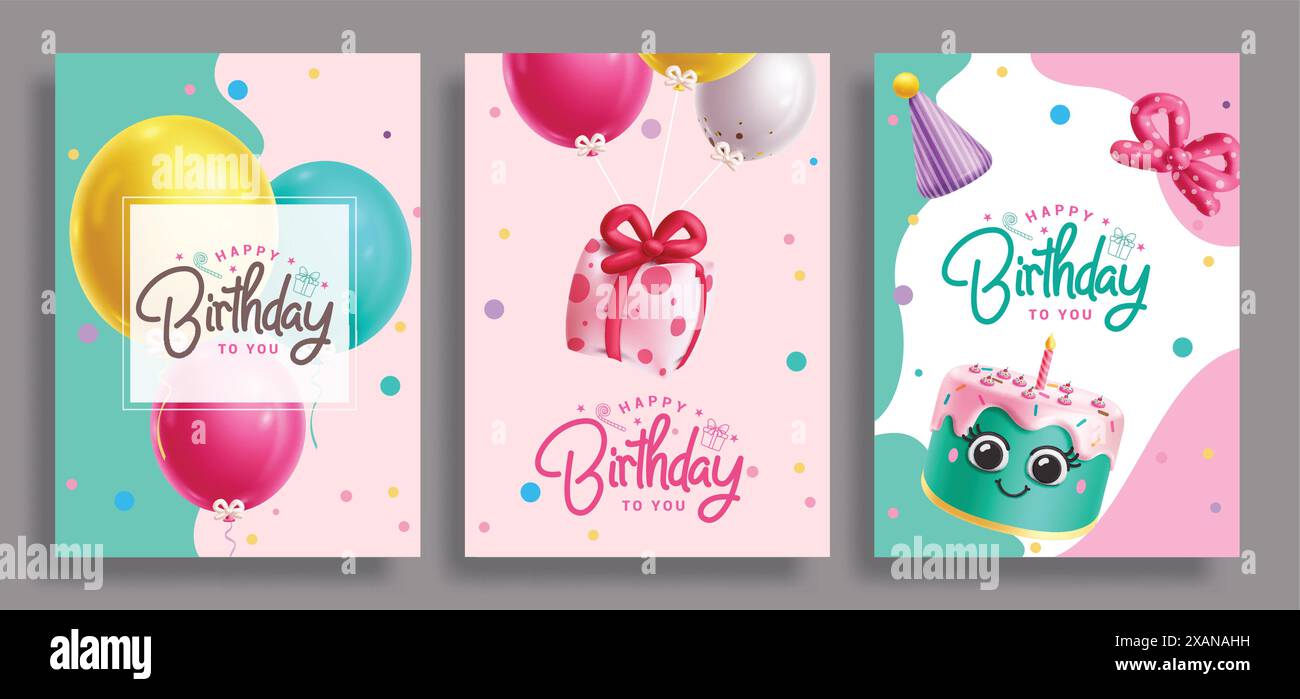 Birthday greeting vector poster set design. Happy birthday text in simple elegant template ...
