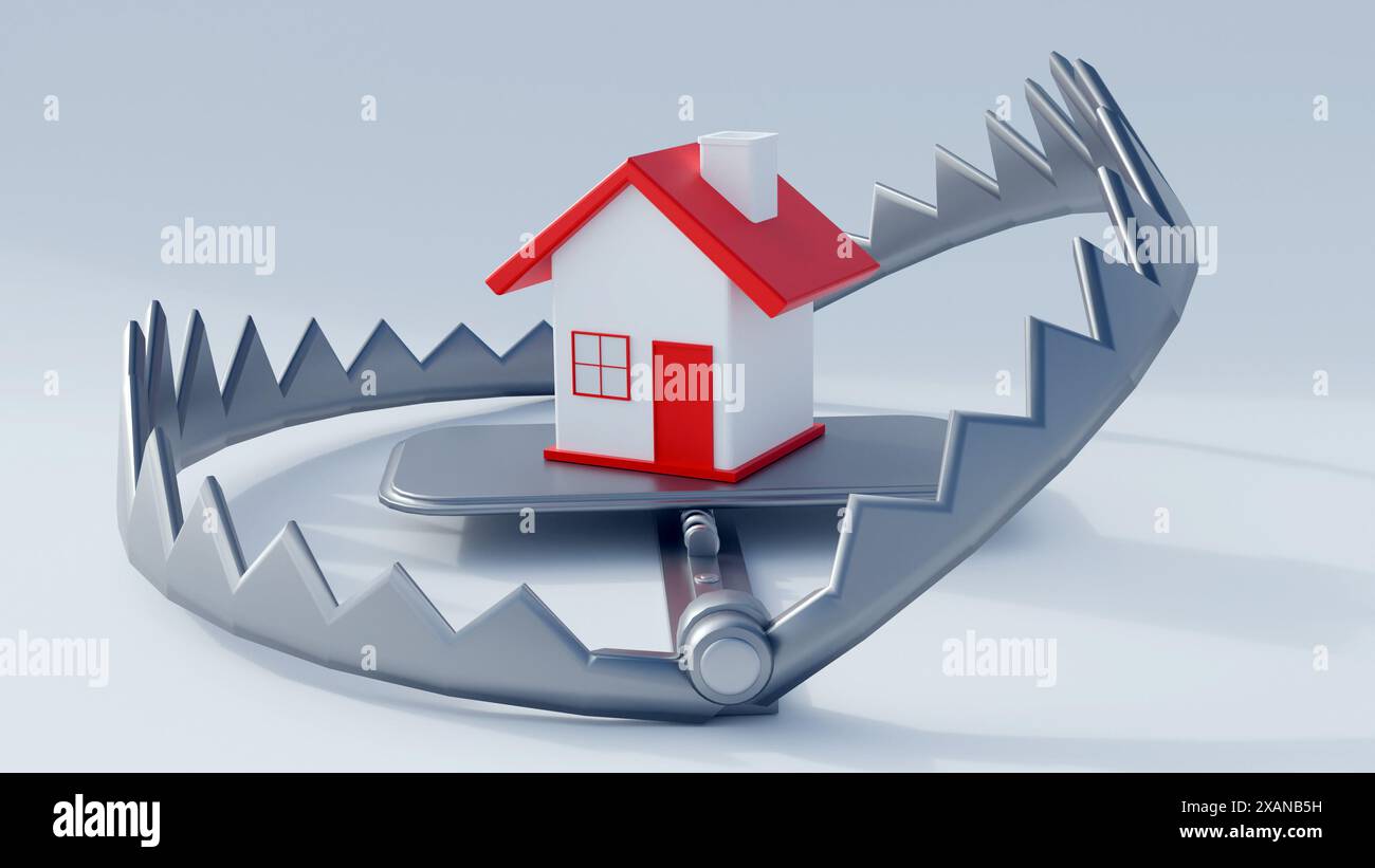 3d rendering of an isolated house on top of a trap suggesting risk in ...
