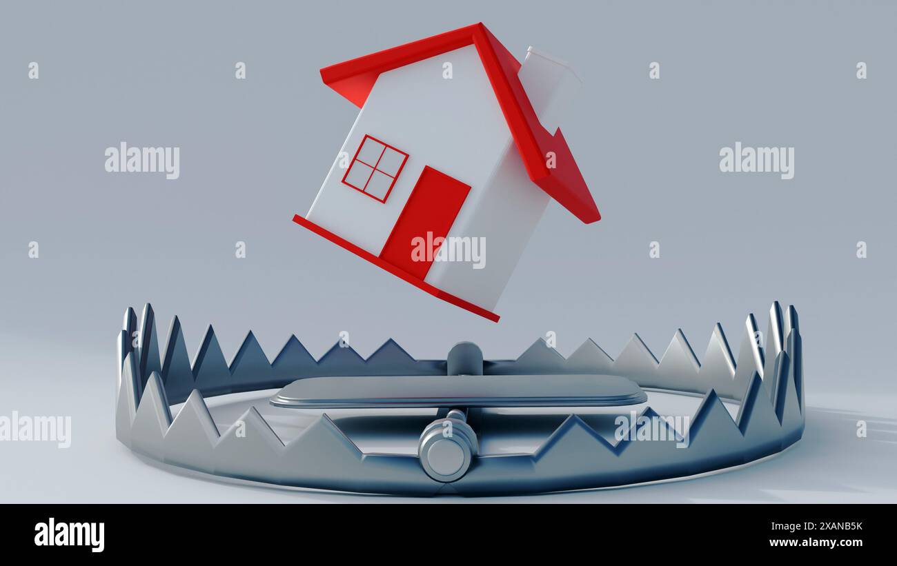 3d rendering of an isolated house on top of a trap suggesting risk in ...