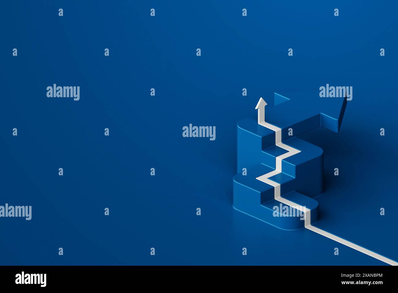 Vibrant blue staircase with upward pointing white arrow, inviting ...