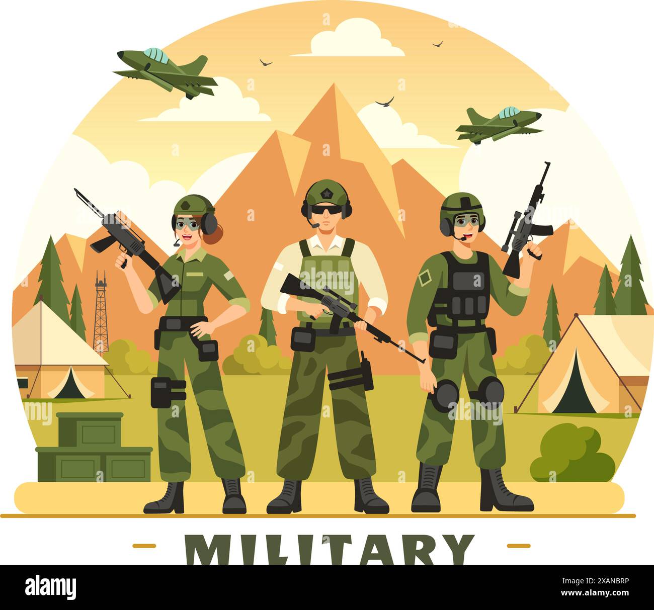 Vector Illustration of Military Army Forces featuring Soldiers, Weapons ...